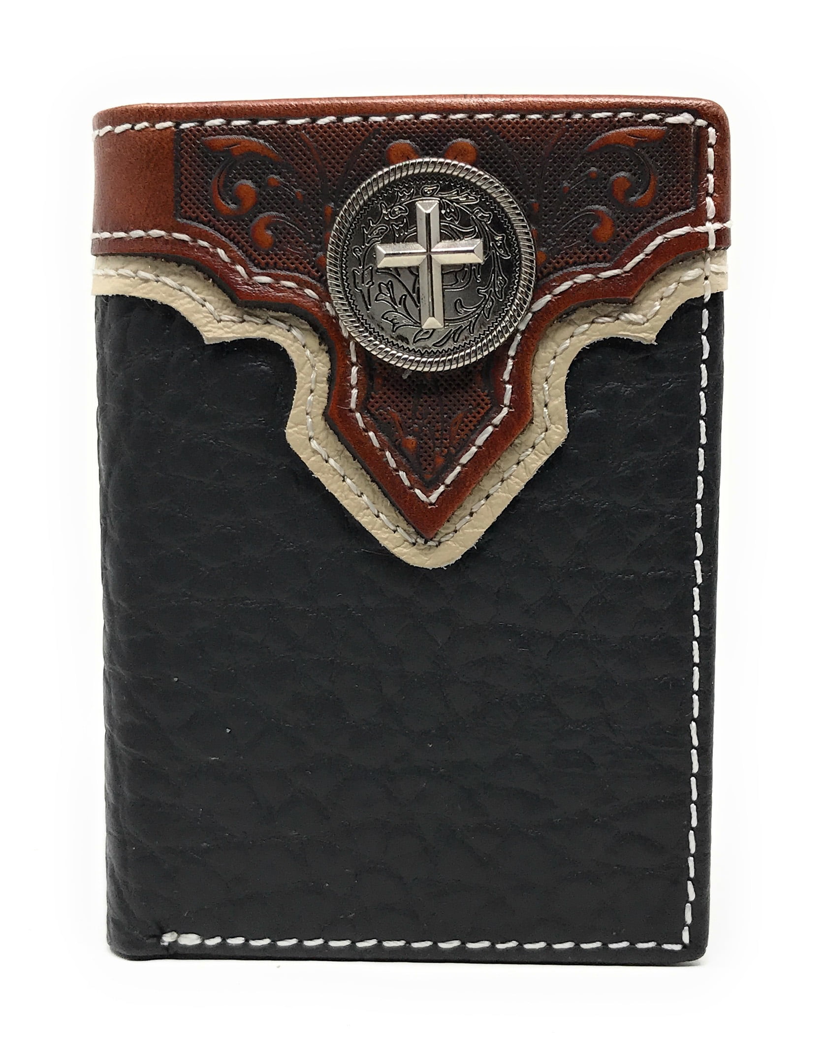 Western Tooled Genuine Leather Cross Men's Short Trifold Wallet in 2 ...