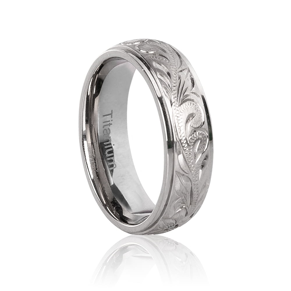 Titanium Wedding Rings with Handcarved Floral Design, Wedding Band ...