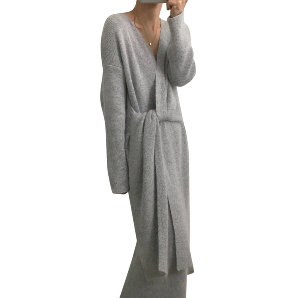 Belted Cashmere Sweater Dress Women Fashion Office Lady V Kneck Long