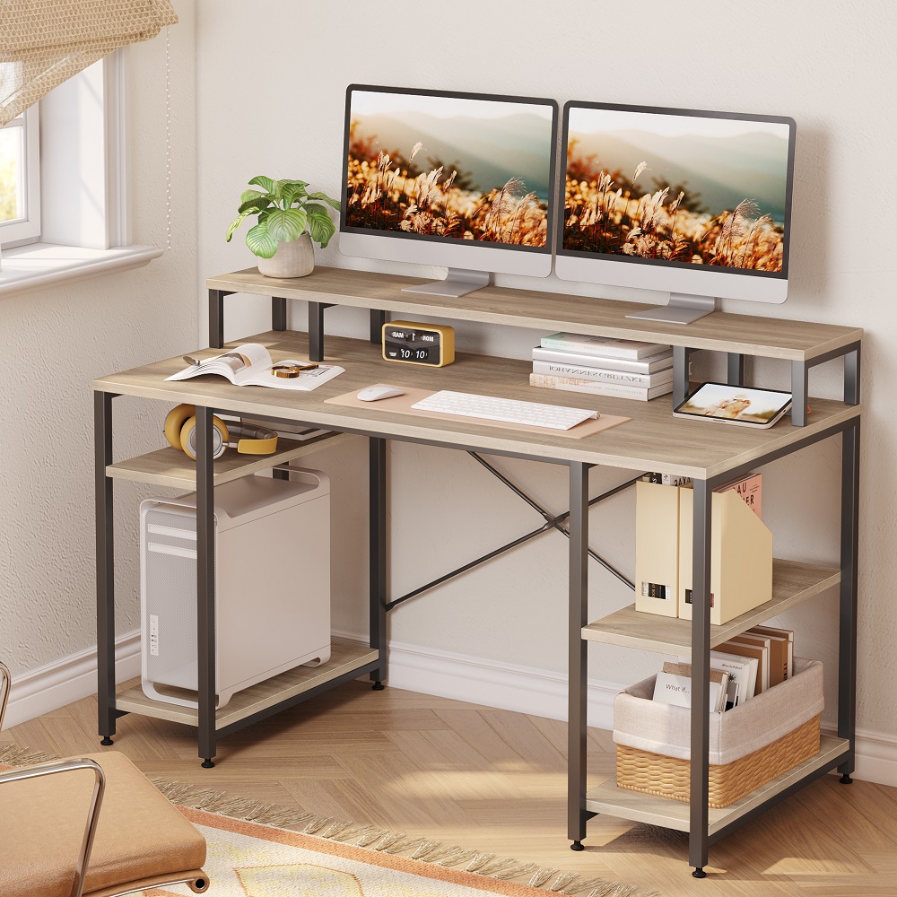 Bestier 55 inch Computer Desk with Monitor Stand Writing Desk in Oak in ...