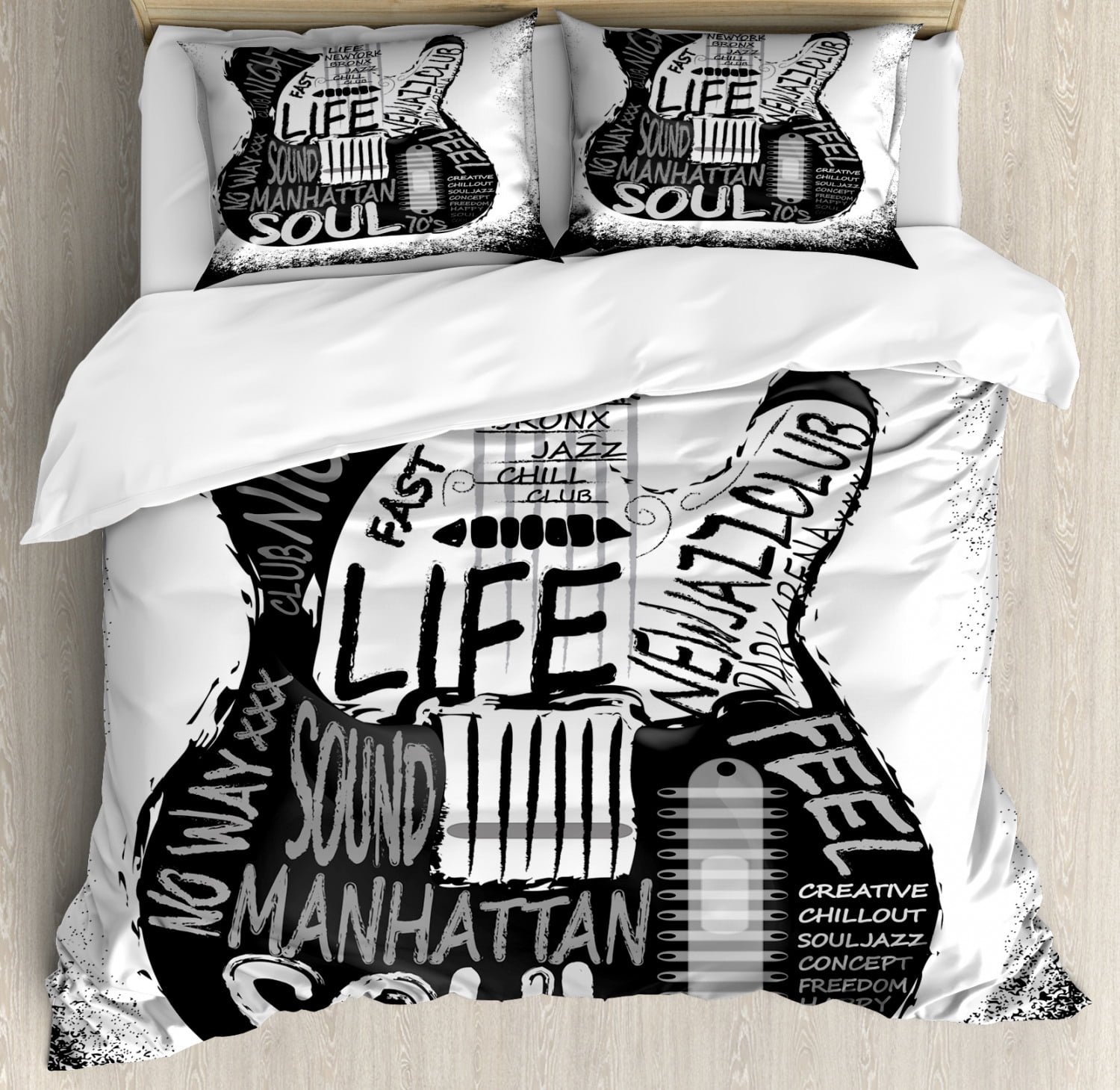 Guitar Duvet Cover Set Queen Size, Monochrome Style Sketchy Calligraphy ...