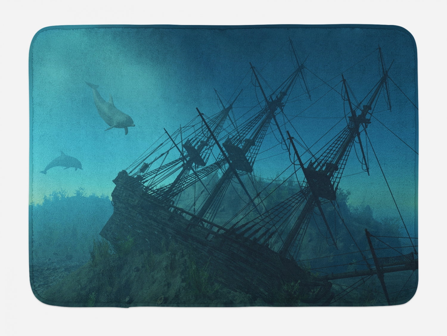 Nautical Bath Mat, Dolphins Ruined Wreckage Underwater Sunken Ship ...