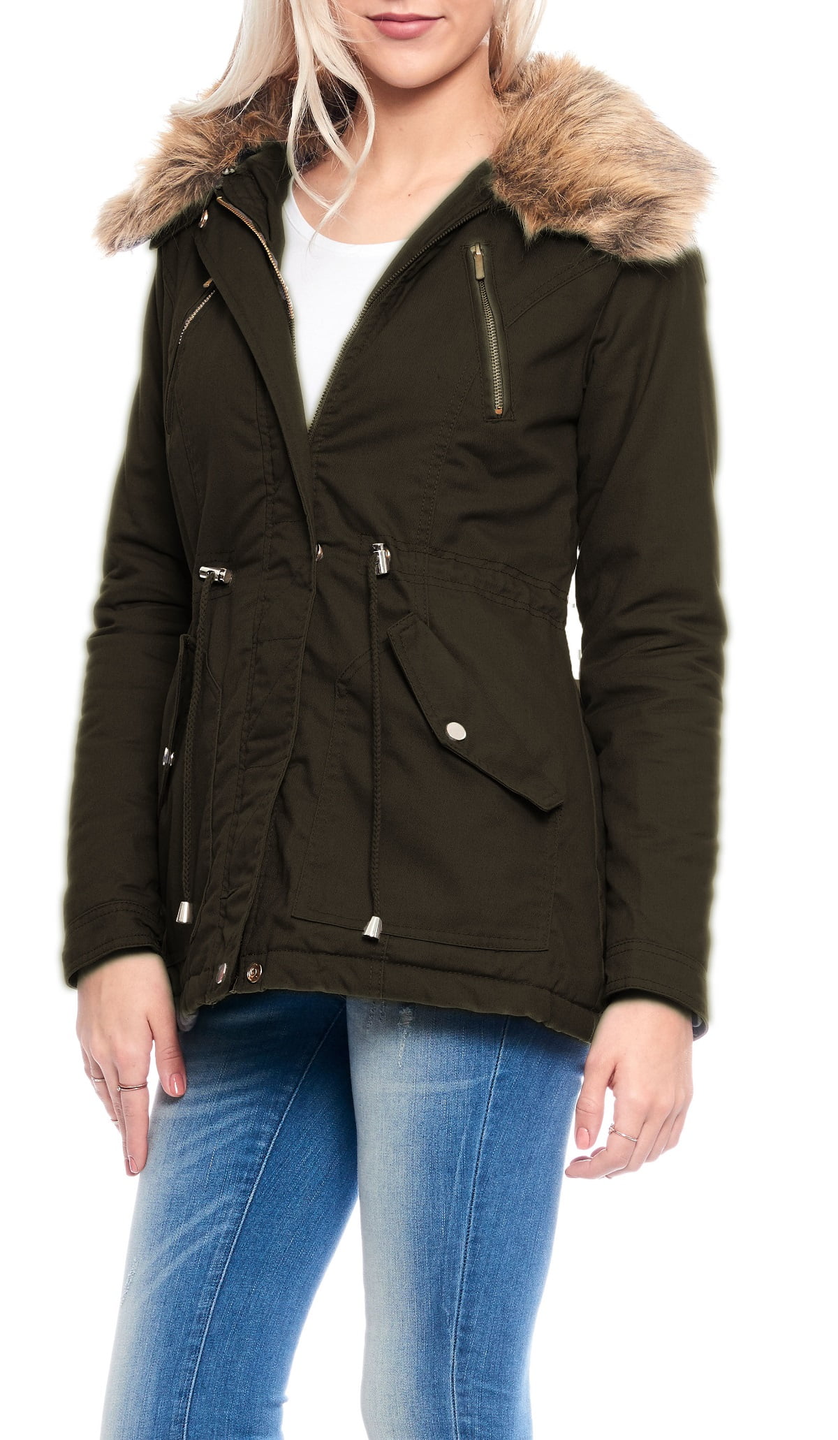 Lady's Double-Closure Parka Jacket w/ Detachable Fur Trim Collar ...
