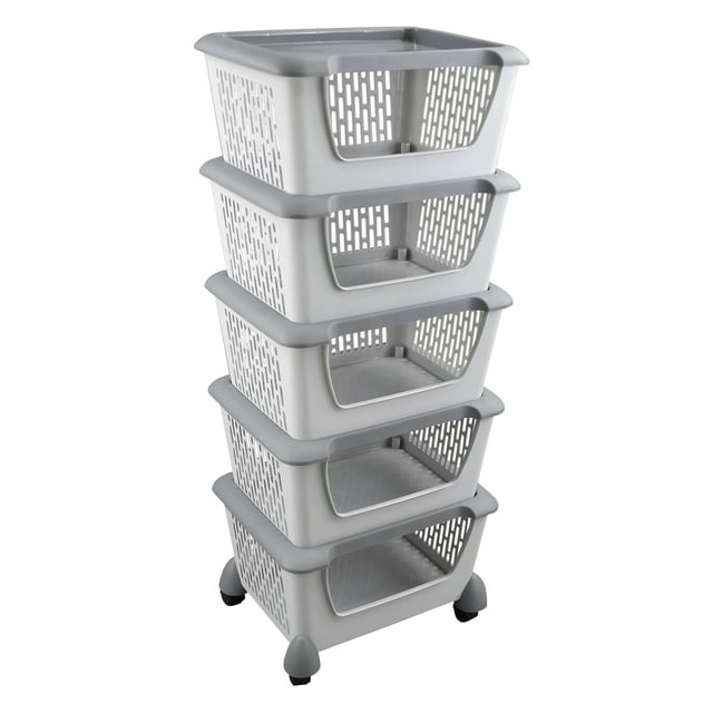 Morcte 5-Pack Plastic Stackable Storage Basket with Lids, Gray Stacking ...