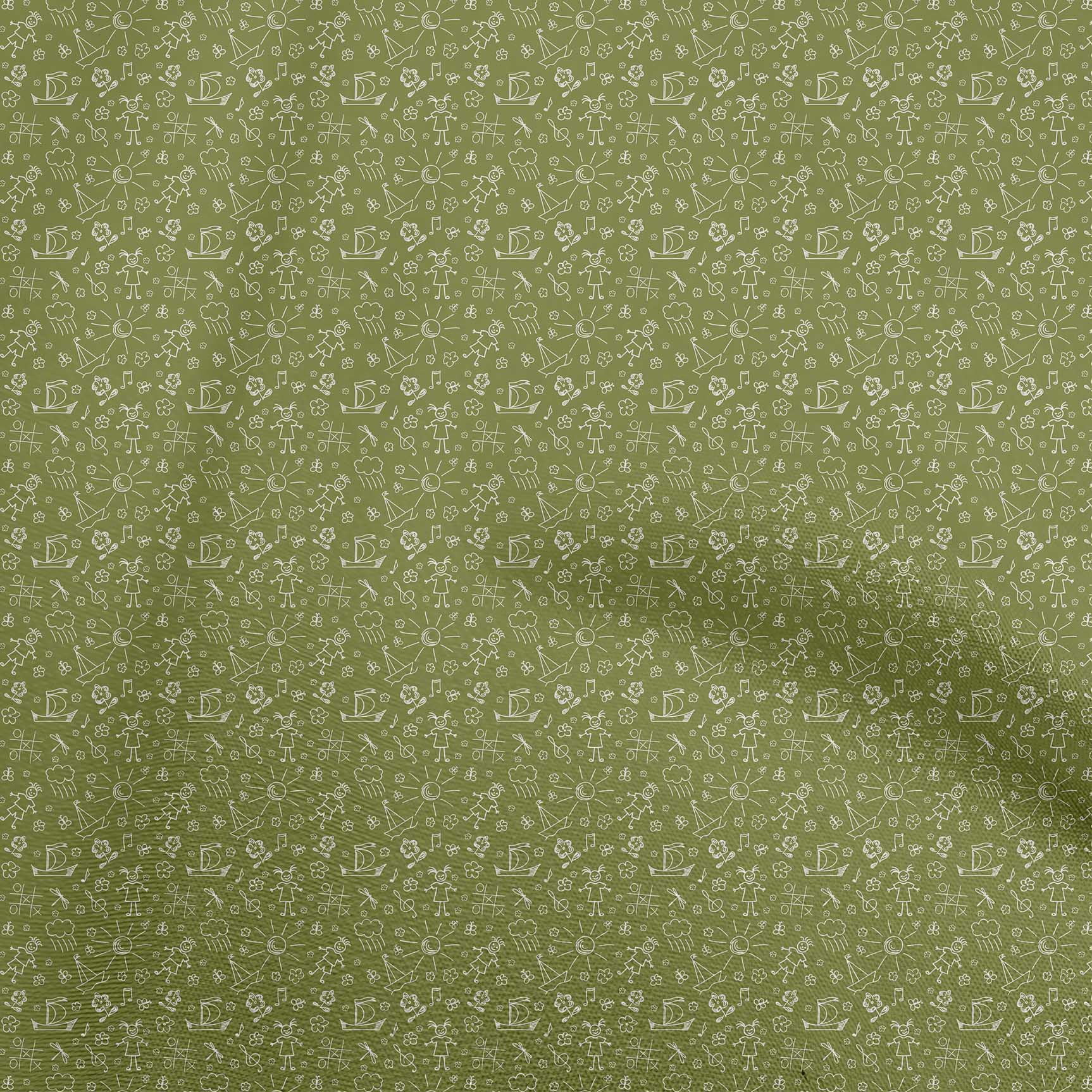 oneOone Silk Tabby Olive Green Fabric Doodle Kids Quilting Supplies ...