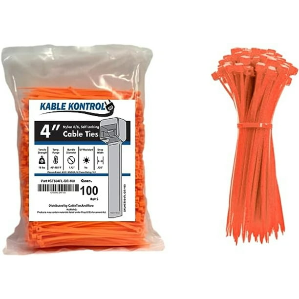Kable Kontrol Zip Ties - 4" Long - 100 Pc Pk - Fluorescent Orange color - Nylon - 18 Lbs Tensile ...