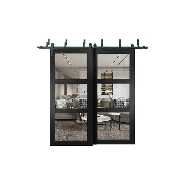 Lucia 2555 Matte Black, Barn Bypass Doors with Clear Glass - 36" x 84 ...