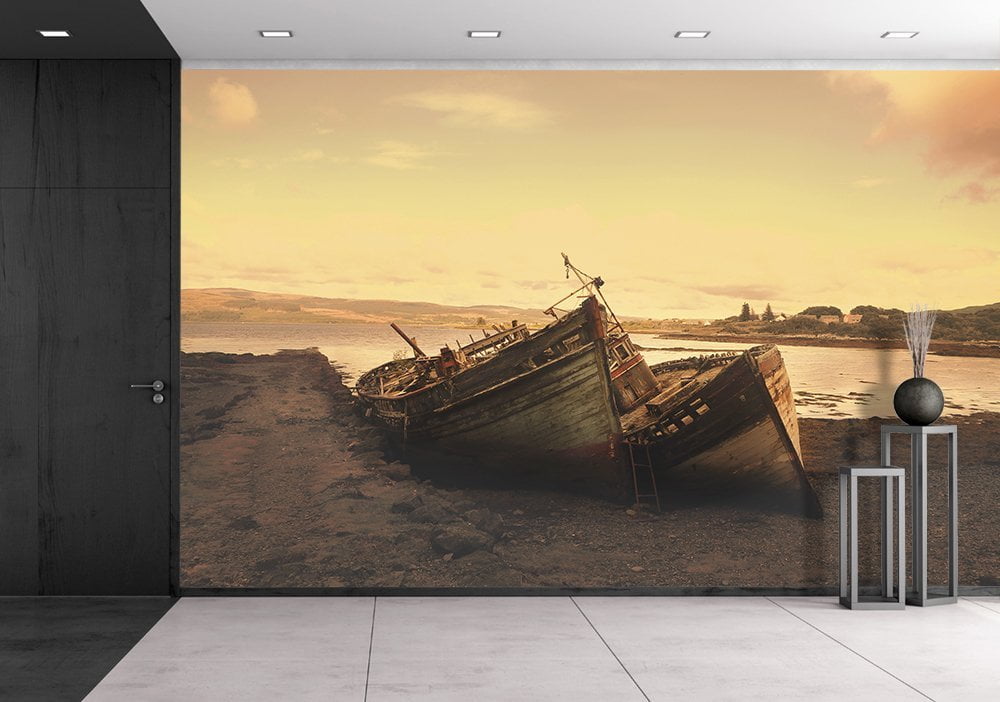 wall26 Shipwreck Scene with Boat Drenched by the Coast in Sunset ...