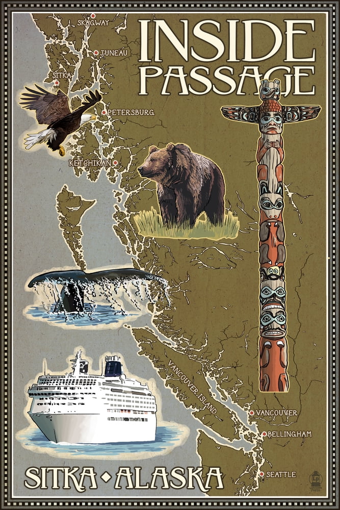 Sitka, Alaska, Inside Passage Map (12x18 Wall Art Poster, Room Decor ...