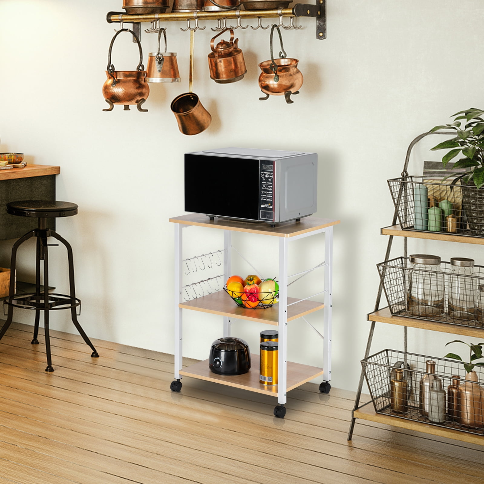 UBesGoo 3 Tier Kitchen Utility Cart Microwave Stand with Storage Light Beige White Walmart