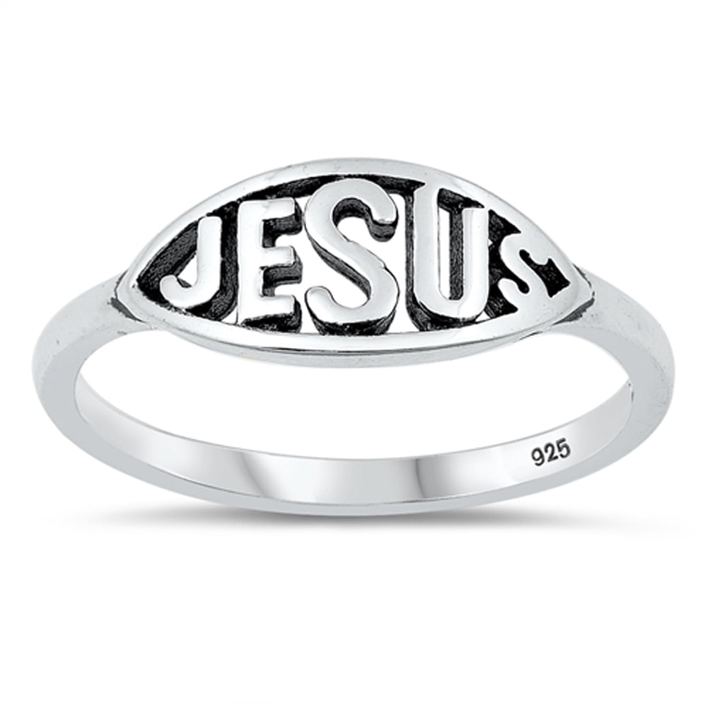Jesus Script Filigree Oval Cutout Ring .925 Sterling Silver Band ...