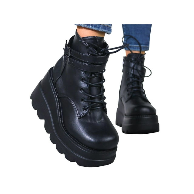 SIMANLAN Chunky Platform Boots for Women Square Toe Lace up Zip High ...