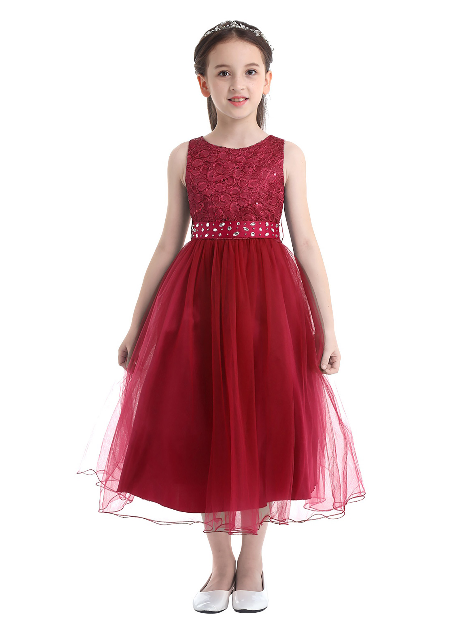 IEFiEL Girls Rhinestones 5 Layered Beading Waist Flower Girl Dress IEFiEL Girls Rhinestones 5 Layered Beading Waist Flower Girl Dress