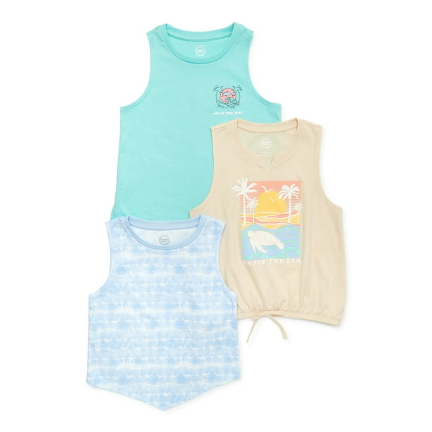 Wonder Nation Girls Short Sleeve Fashion Tank Tops, 3-Pack, Sizes 4-18 ...