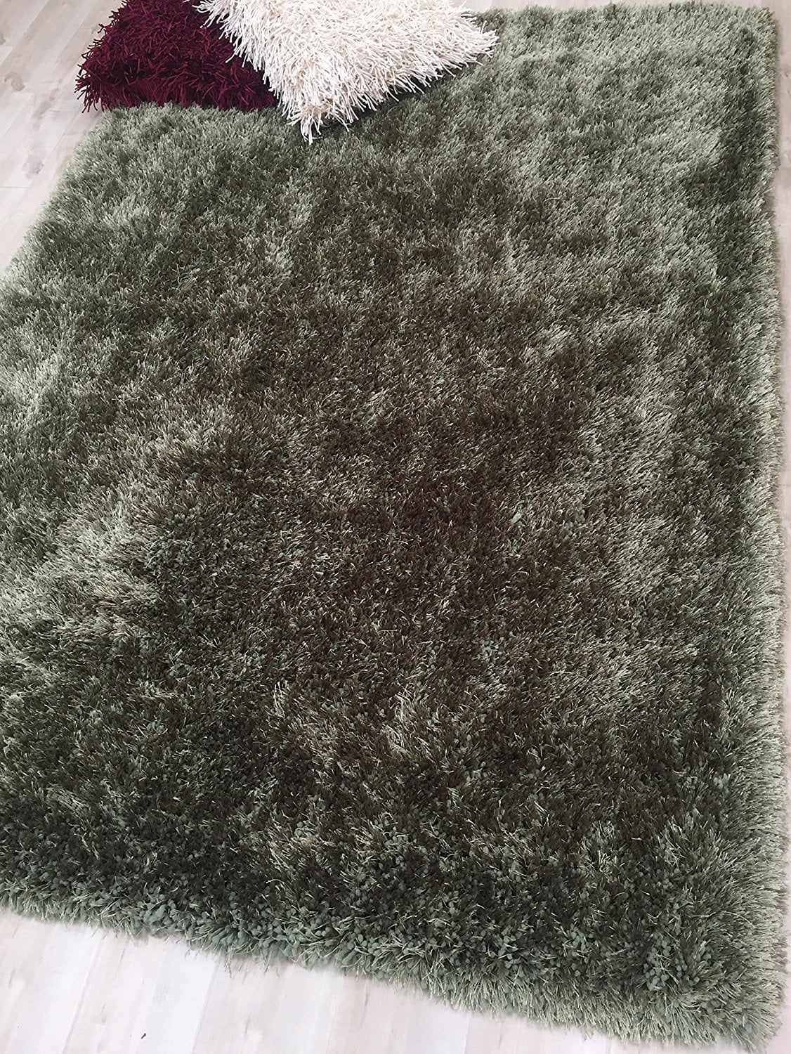 HR 4' 11" x 7' SAGE DARK GREEN HAND CRAFTED SILKY BRIGHT SHAG AREA RUG ...