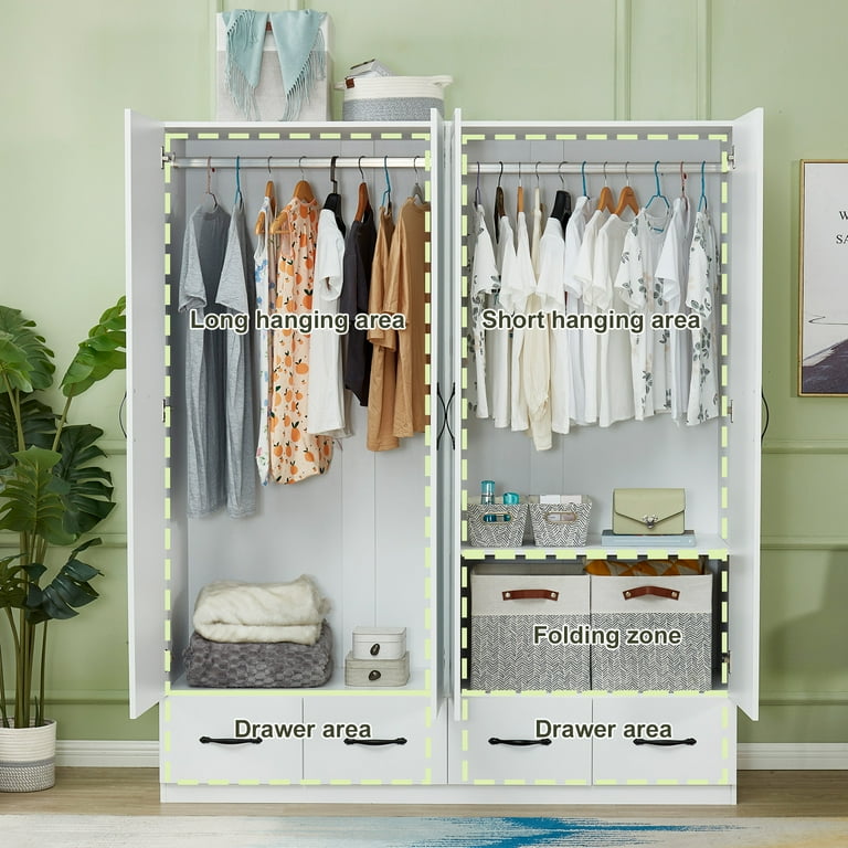 Sophshelter Armoire Wardrobe Closet 4 Door 4 Drawers Wooden Cabinet Closet Wardrobe with Mirror and Hanging Rod High Storage Capacity for White