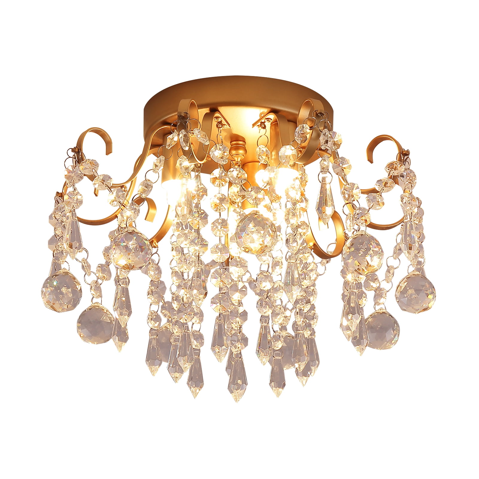 Q&S Small Semi Flush Mount Modern Lights Gold Mini Crystal Chandelier ...