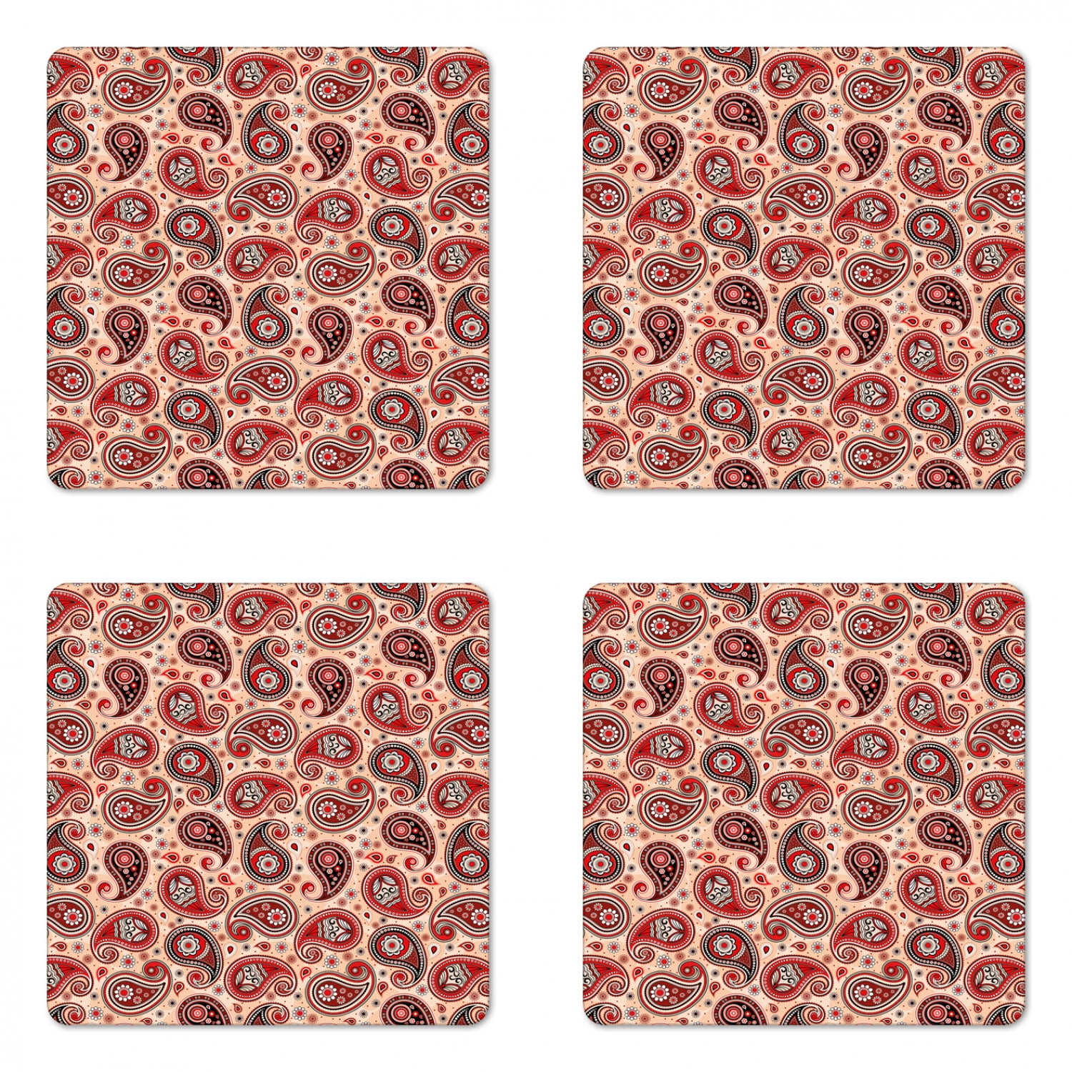 Paisley Coaster Set of 4, Romantic Style Motifs Illustration Print on ...