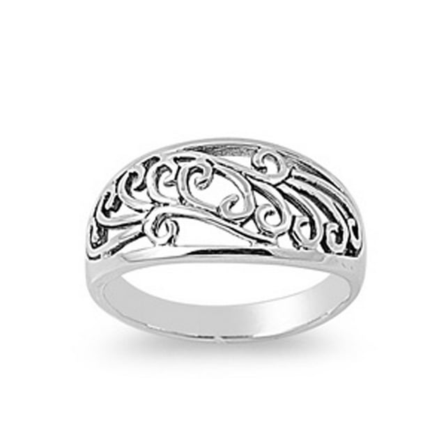 Oxidized Filigree Wave Swirl Tree Leaf Ring .925 Sterling Silver Band ...