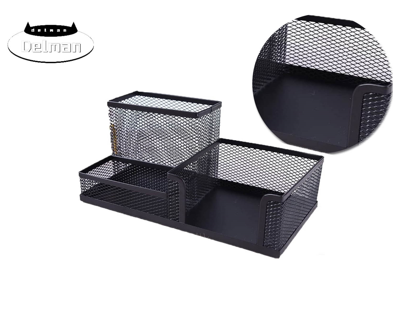 Pen Holder 3 in 1 Black Metal Mesh Box Pen Pencils Holder Case Desk ...