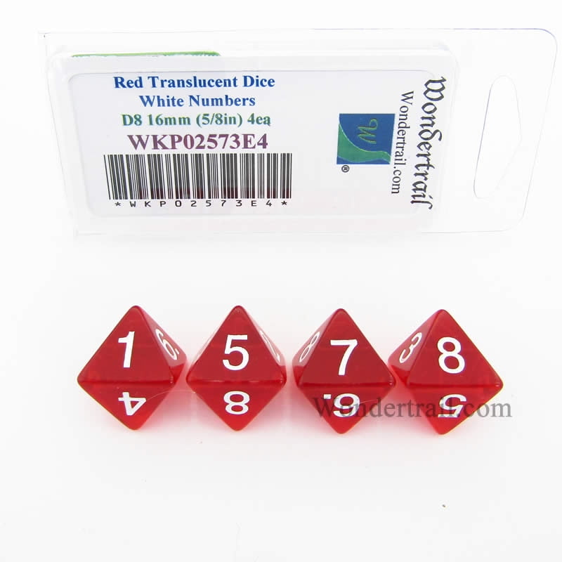 Red Transparent Dice with White Numbers D8 16mm (5/8in) Pack of 4 ...