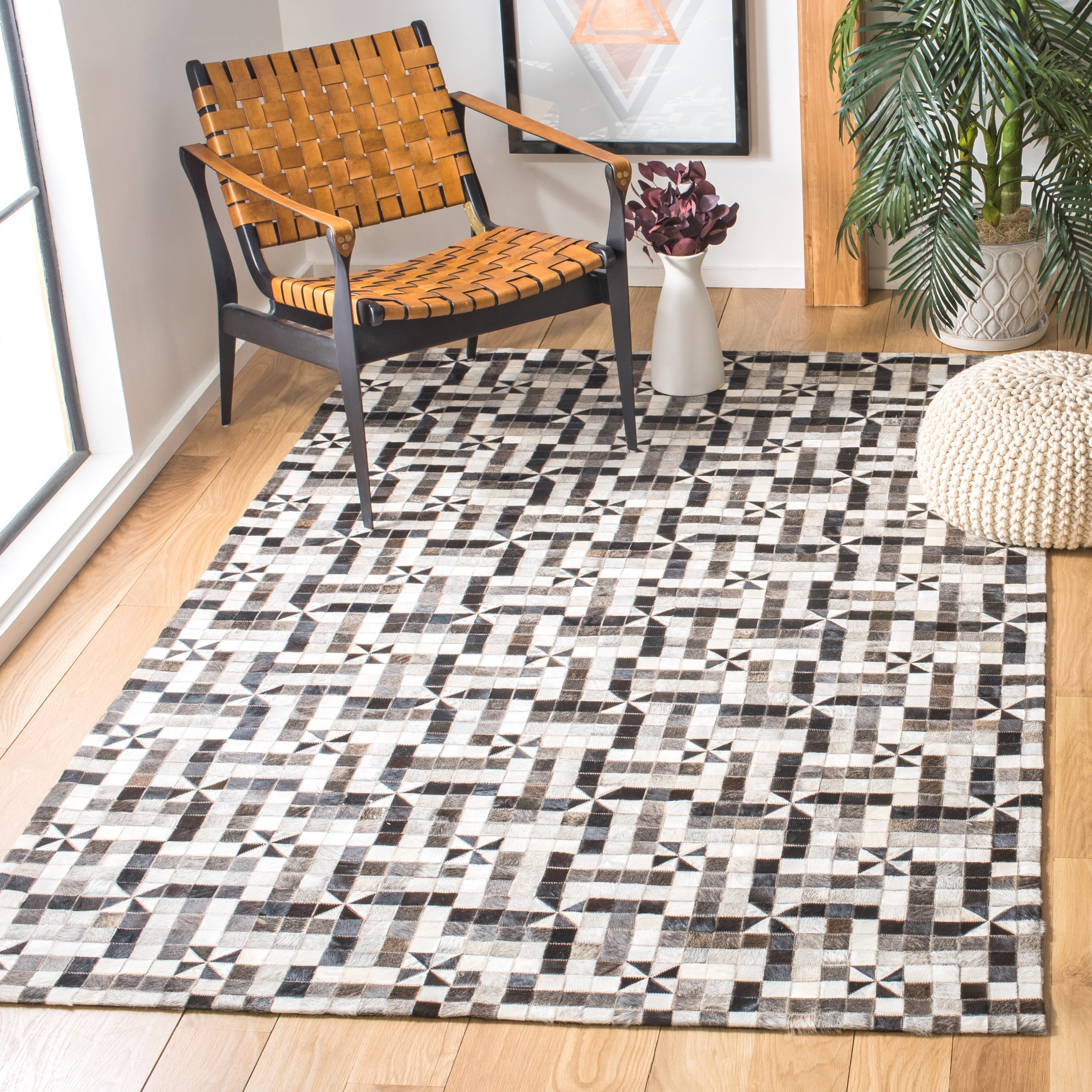 SAFAVIEH Studio Leather Peronel Geometric Area Rug, Grey/Black, 3' x 5 ...