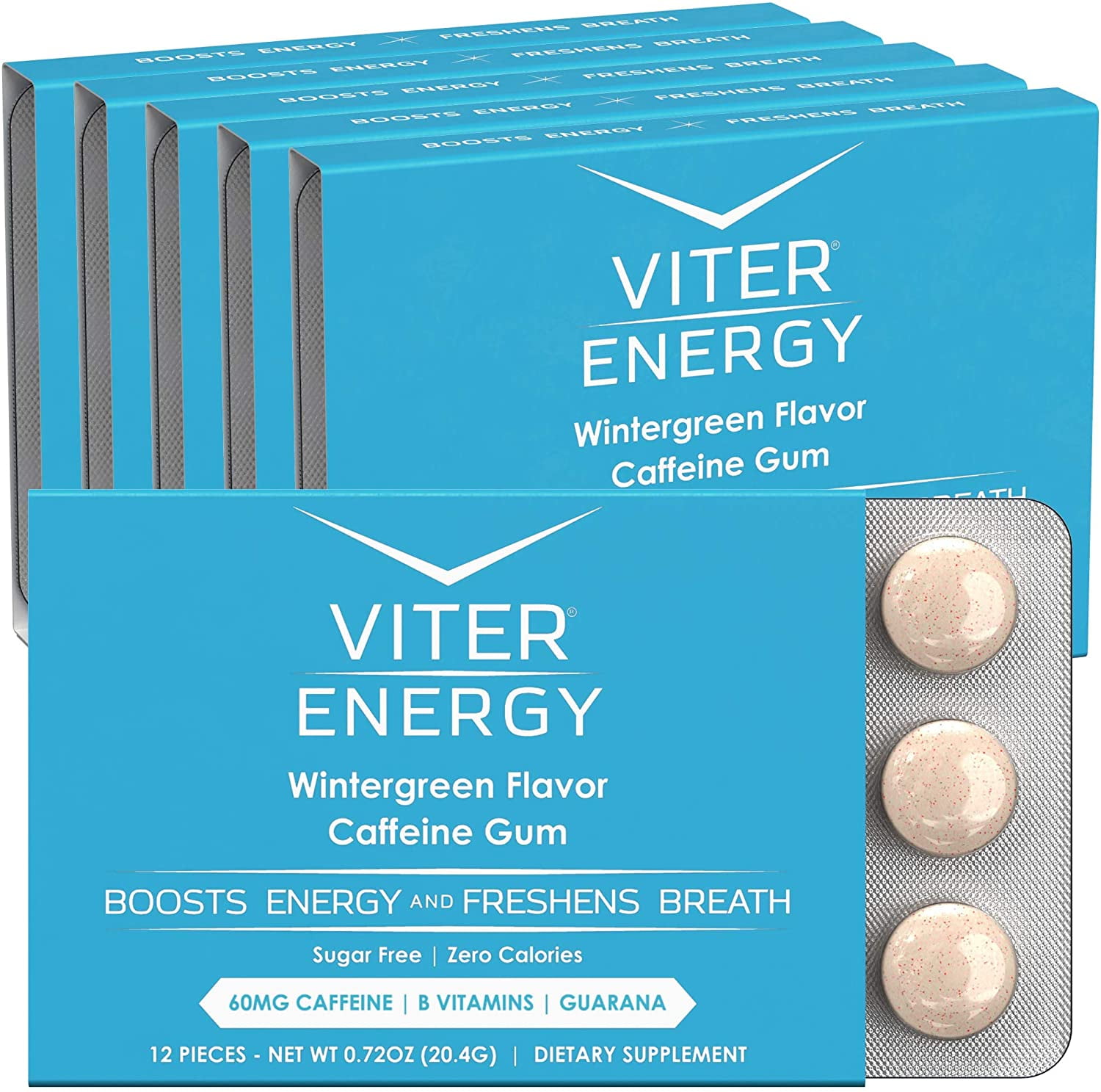 Viter Energy Chewing Gum 60mg Caffeine & B Vitamins, Wintergreen - 72 ...