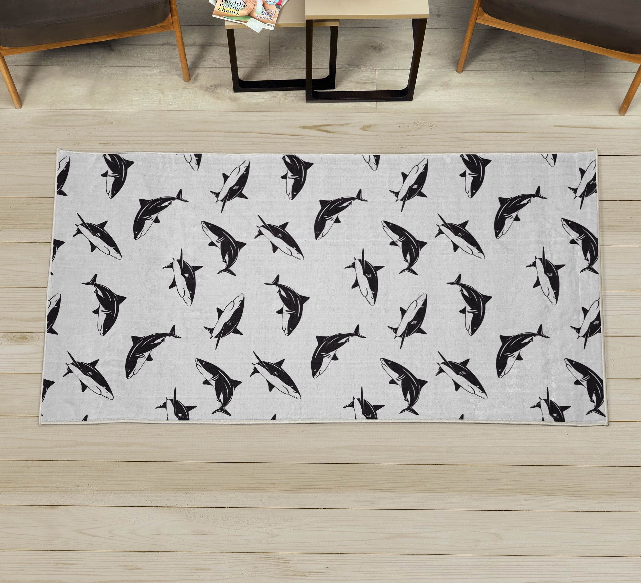 Sea Animals Decorative Rug, Repeated Cartoon Sharks Swimming to ...