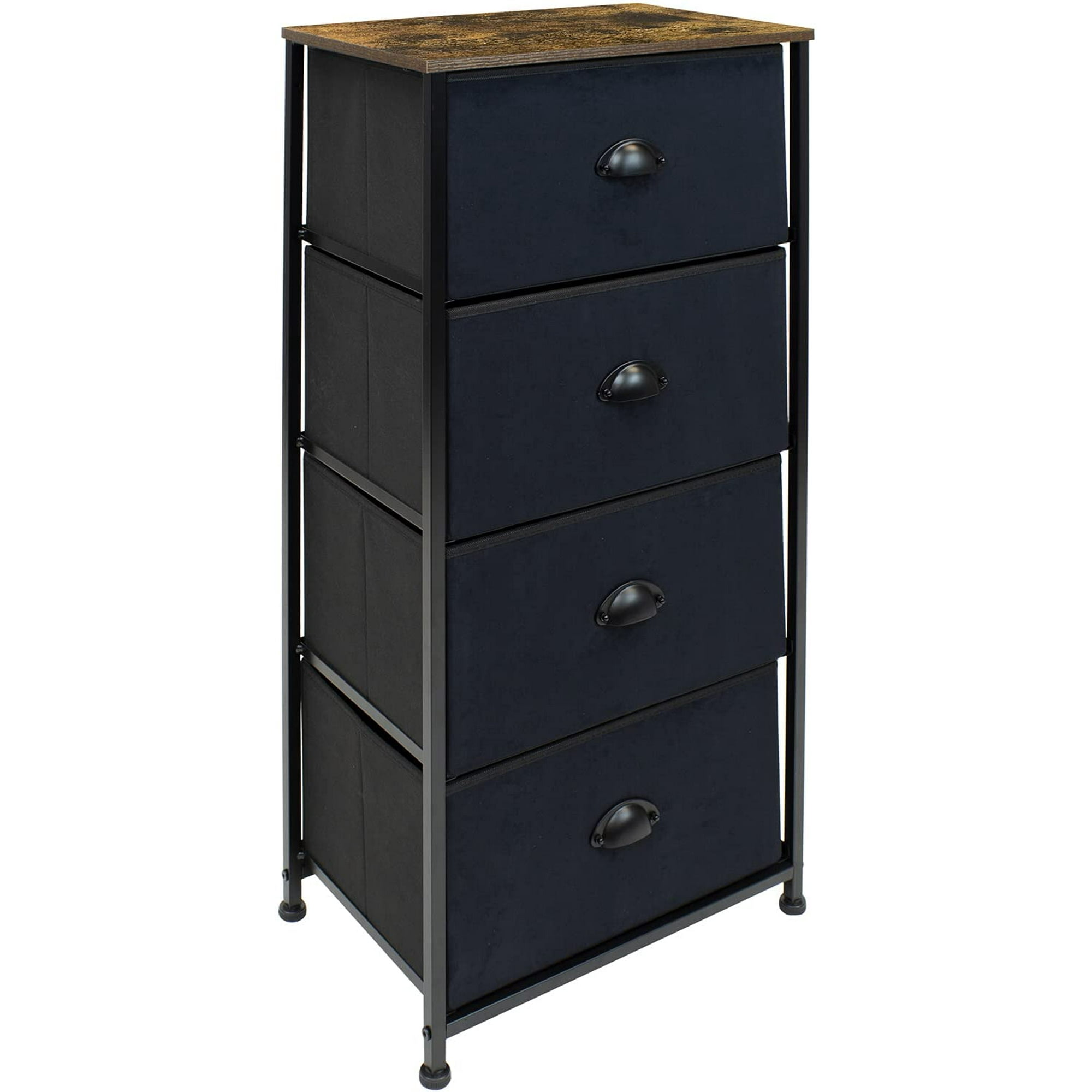 Sorbus Tall Nightstand 4 Drawer Fabric Dresser Tall Skinny Dresser for Bedside Furniture Storage Organizer Dresser for Home Hallway Office College Dorm Steel Frame Rustic Wood Top Black Walmart
