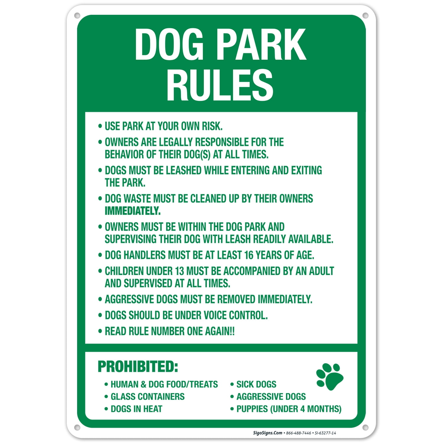 Dog Park Rules With Prohibited Rules Sign, - Walmart.com