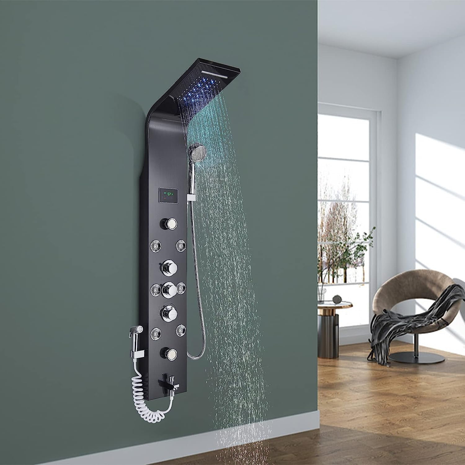 Shower Panel Stainless Steel LED ORB Black Shower Column Shower Fitting ...