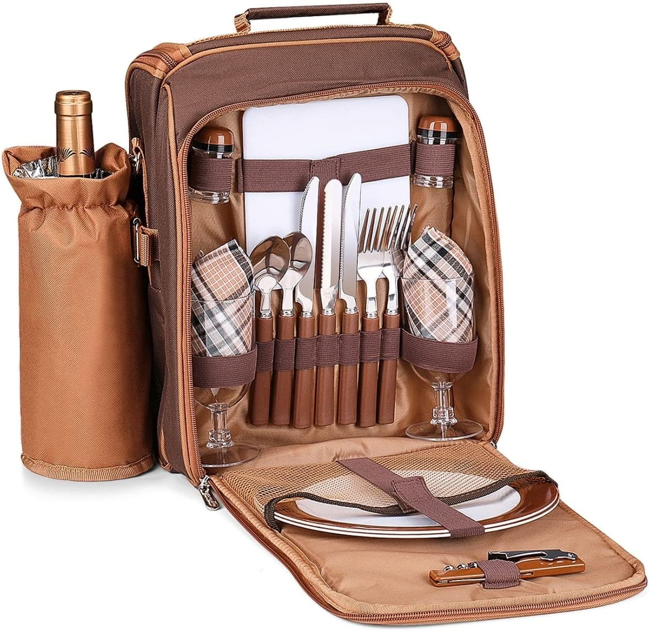 Travel Picnic Backpack For 2 Person (Brown) Wine Picnic Basket Bag With ...