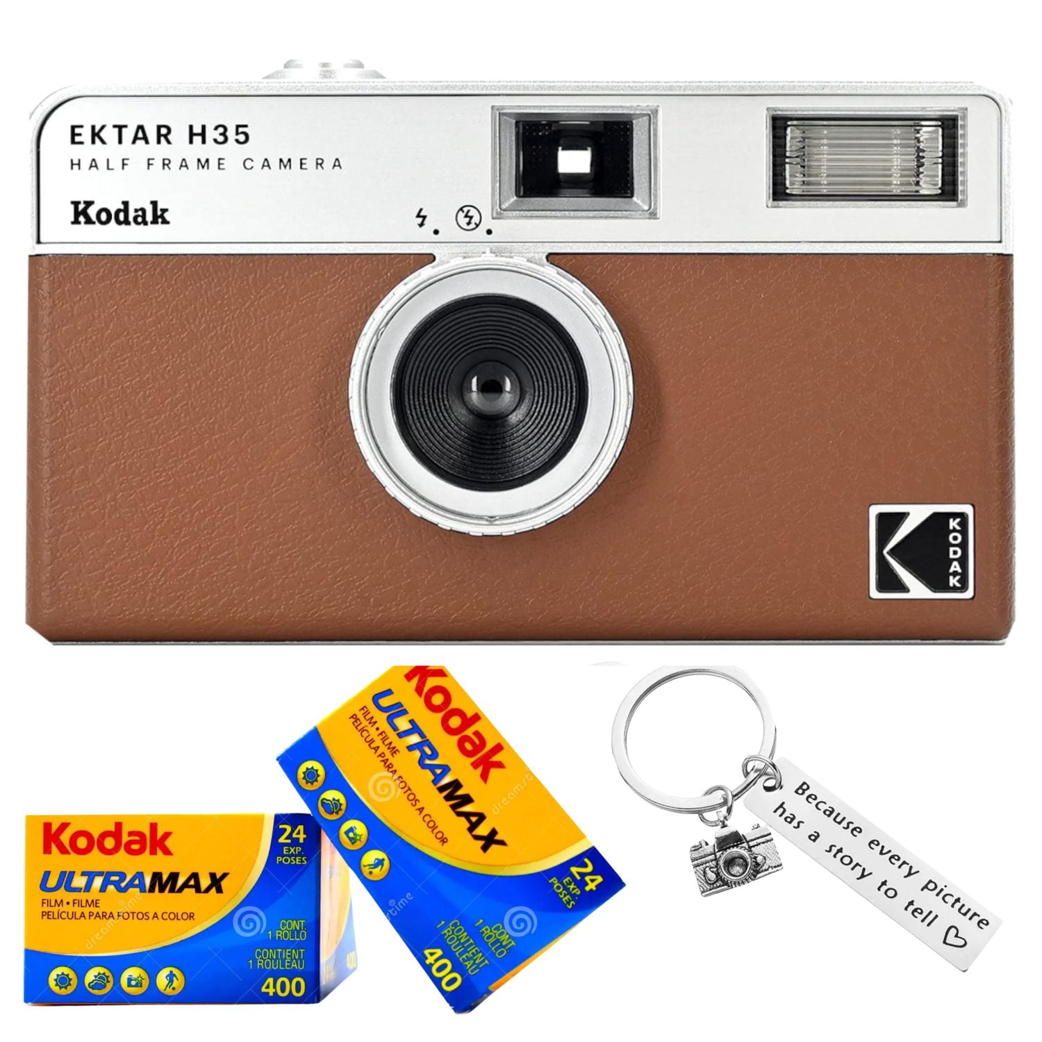 Kodak Ektar H35 Half-Frame Retro Camera Bundled With Kodak Ultramax 400 35mm Film (2 Rolls Of 24 Exposures Each) Plus A Bonus Camera-Style Keychain (B