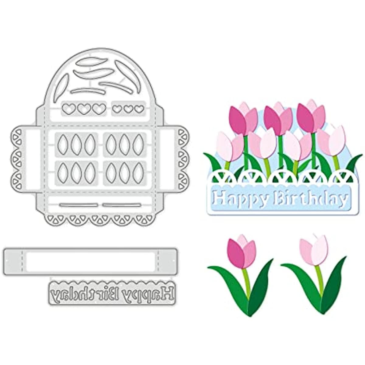 2Pcs 3D Tulips Happy Birthday Metal Cutting Dies Die Cuts for DIY ...
