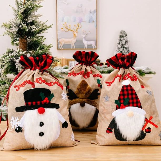 3 Pcs Burlap Santa Sack Bags, Large Christmas Cloth Bag with Drawstring ...