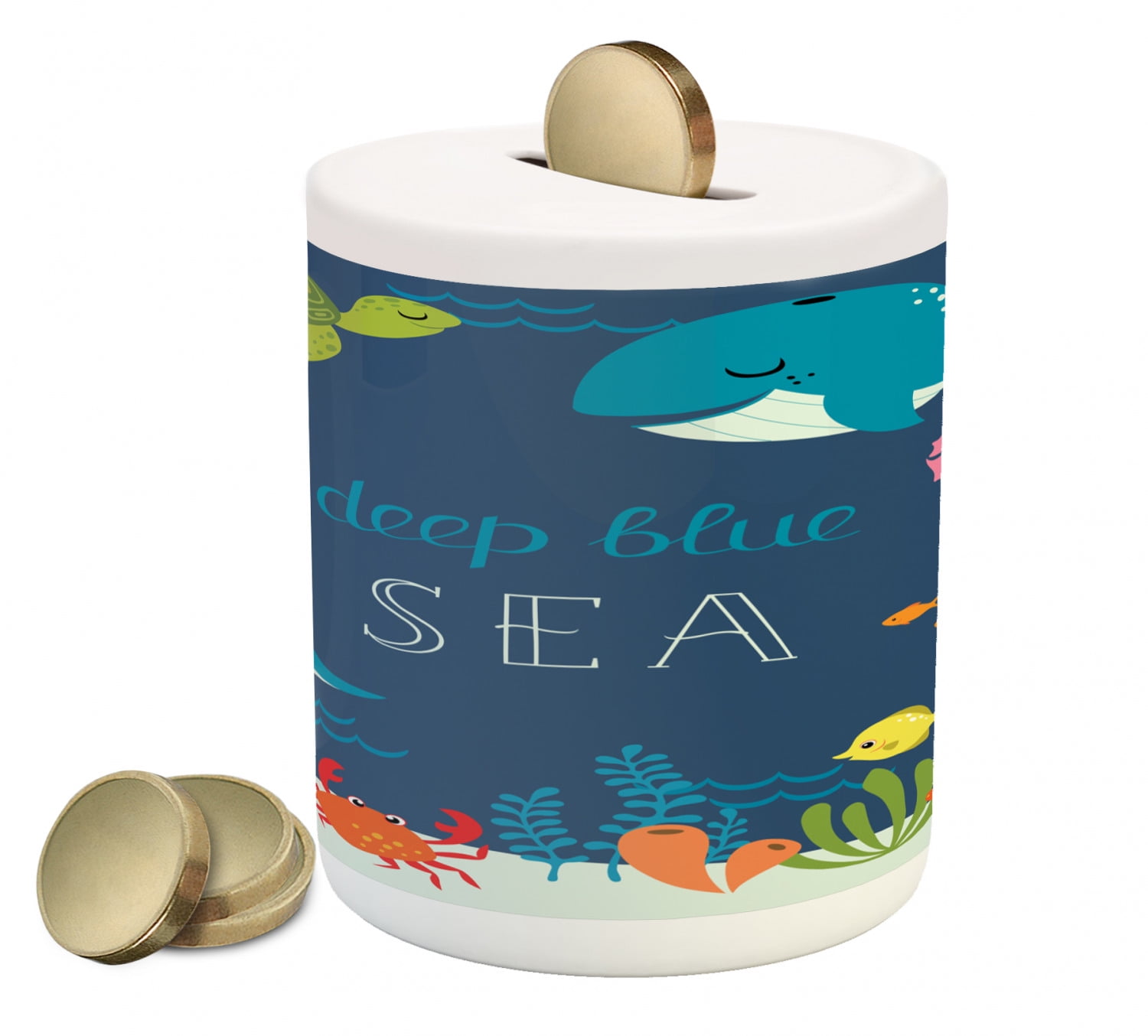 Cartoon Piggy Bank, Underwater Graphic Algaes Coral Reefs Turtles ...