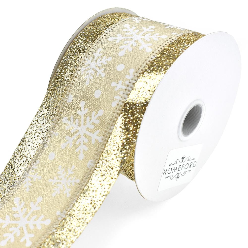 Snowflakes with Golden Glitter Trim Wired Ribbon, 2-1/2-Inch, 10-Yard ...