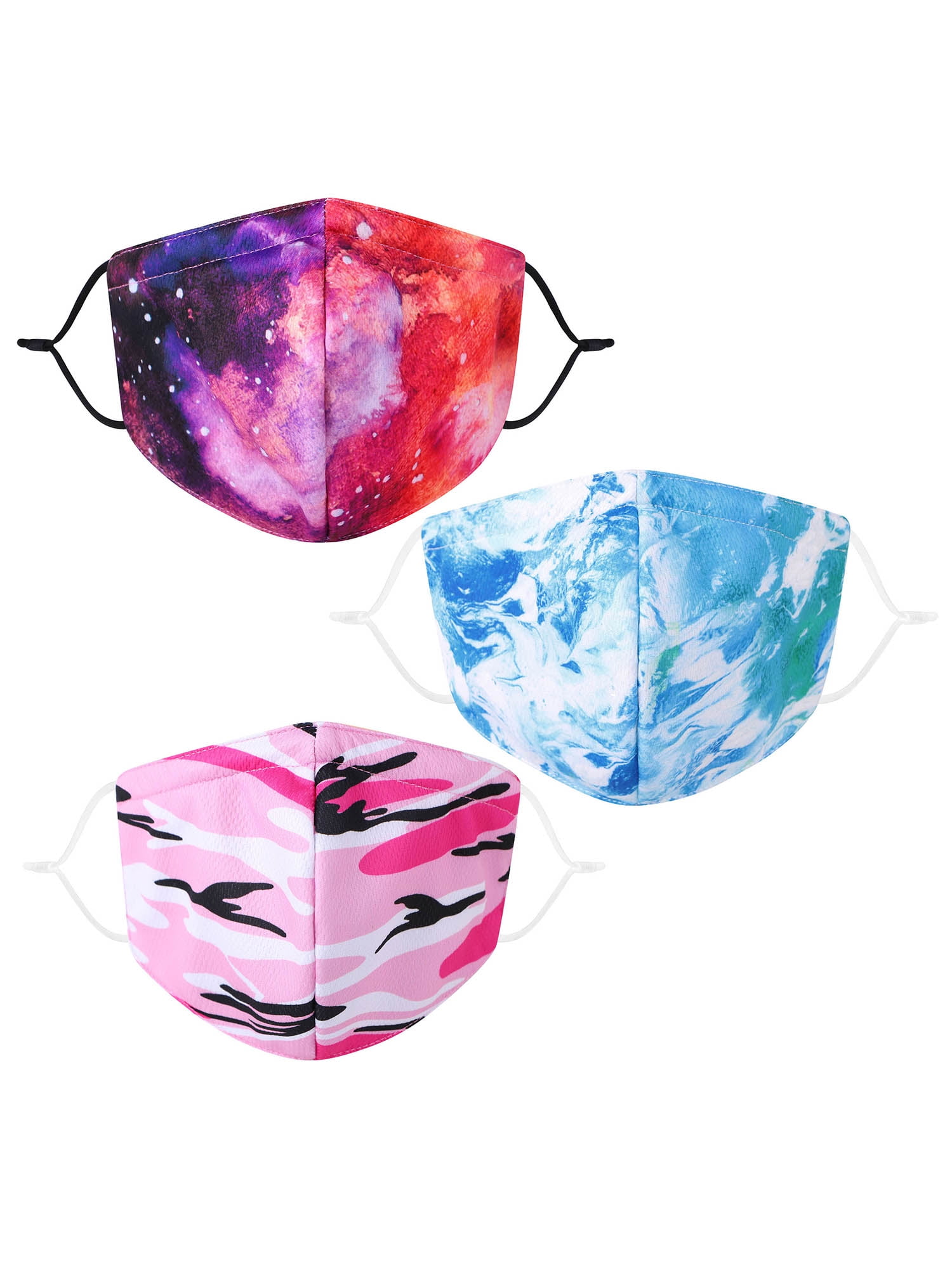 Washable and Reusable Adult Face Masks, 3Pack_Camo Pink/Galaxy Blue/Red ...