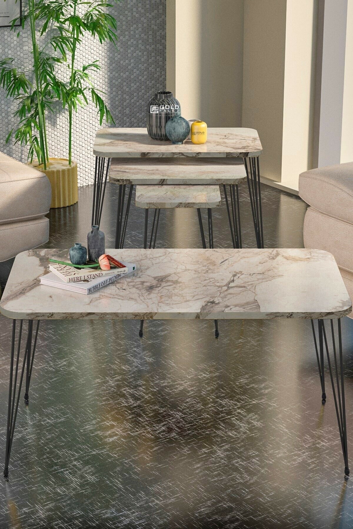 White Marble Coffee Table Set with 4 PCS,Rectangular Set With 3 Modern ...