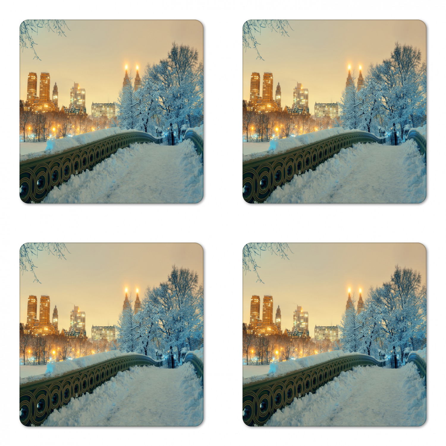 Winter Coaster Set of 4, Central Park Winter Skyscrapers and Snow Bow ...