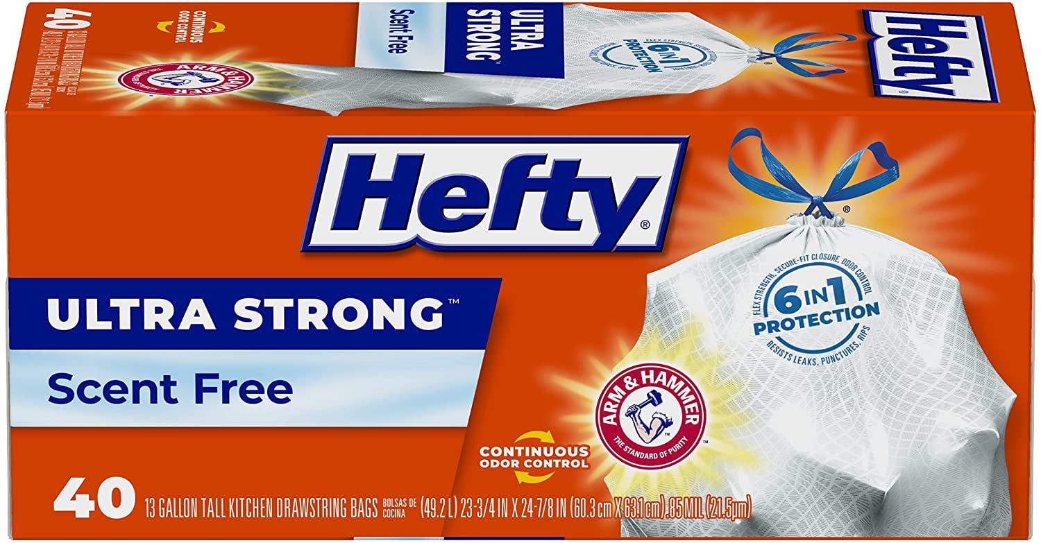Hefty Ultra Strong Tall Kitchen Trash Bags, Unscented, 13 Gallon, 40 ...