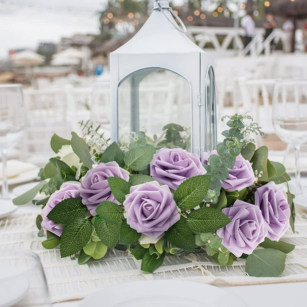 Mocoosy 50Pcs Rose Artificial Flowers Real Looking Lilac Fake Roses for Decorations Pale Purple Foam Rose Bulk with Stems for DIY Wedding Bouquets Floral Arrangements Bridal Shower Party Home Decor Wa...
