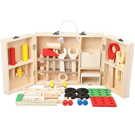 AIHOME Wooden Toolbox Set Wooden Tools Toys with Storage Box Pretend ...