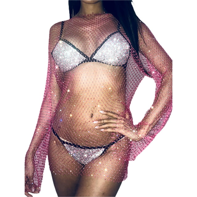 Sunisery Women's See Through Glitter Dress Sheer Rhinestone Fishnet Bikini Swim Beach Cover Up ...