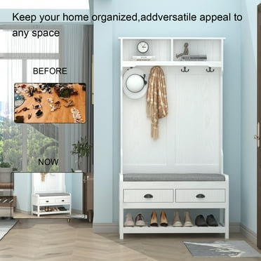 Linon Elliana Hall Tree Bench with Hooks, Mirror, Shoe Storage: Gray ...