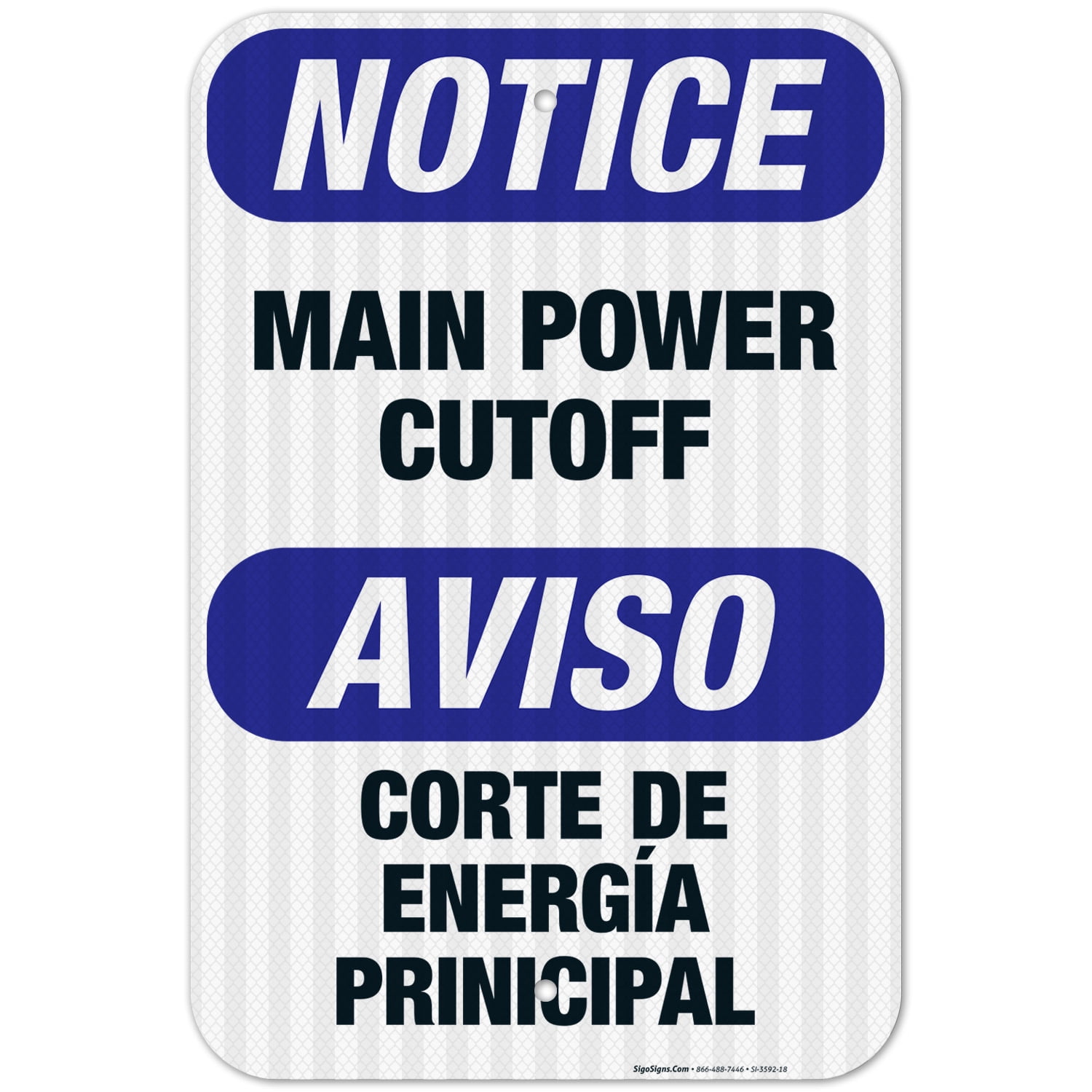 Main Power Cutoff Bilingual Sign, OSHA Notice Sign, 12x18 Reflective ...