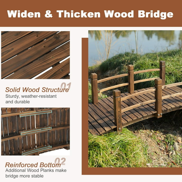 Garden Path HOMEDIARY Fir Wood Garden Bridge, Outdoor Arc Footbridge ...