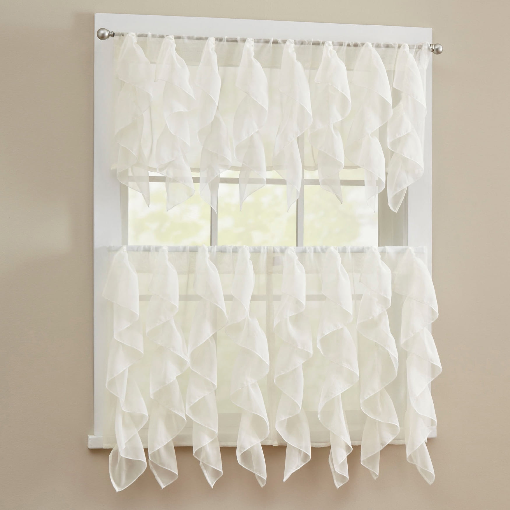 Sheer Voile Vertical Ruffle Window Kitchen Curtain 24" Tiers & Valance ...