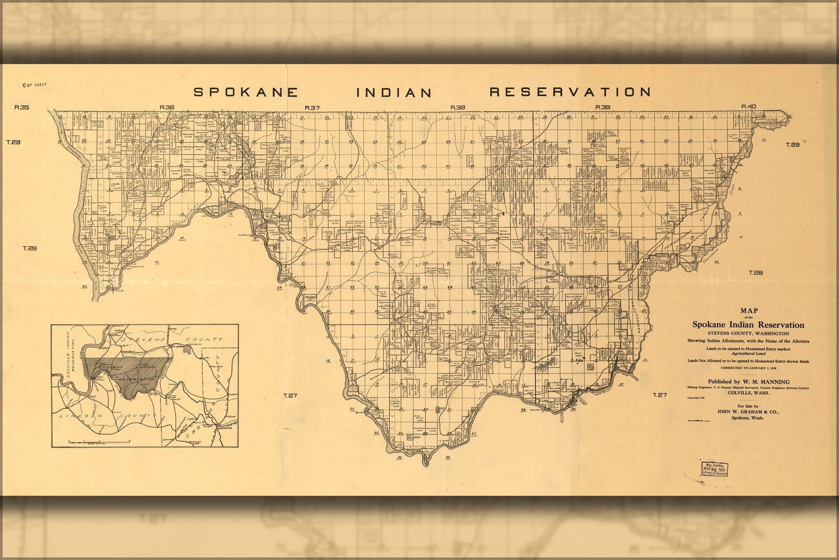 24"x36" Gallery Poster, Map of Spokane Indian Res. Washington state ...