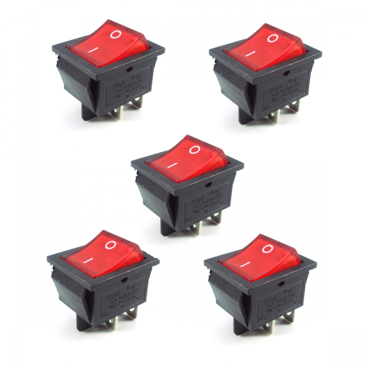 5x Square Rocker DPST Car Switch Red LED Lit On/Off Snap-In 15A/250V ...